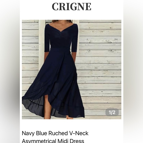 Crigne | Dresses | Navy Blue Ruched Vneck Asymmetrical Midi Dress ...